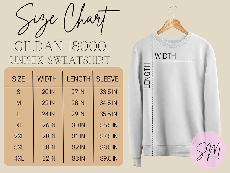 Gildan 18000 Size Chart, 18000 Mockup, Unisex Sweatshirt Size Chart ...