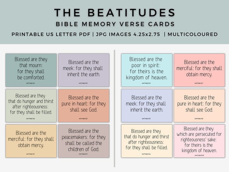 Beatitudes Verse Cards Printable, Mini Scripture Cards, Bible Memory ...