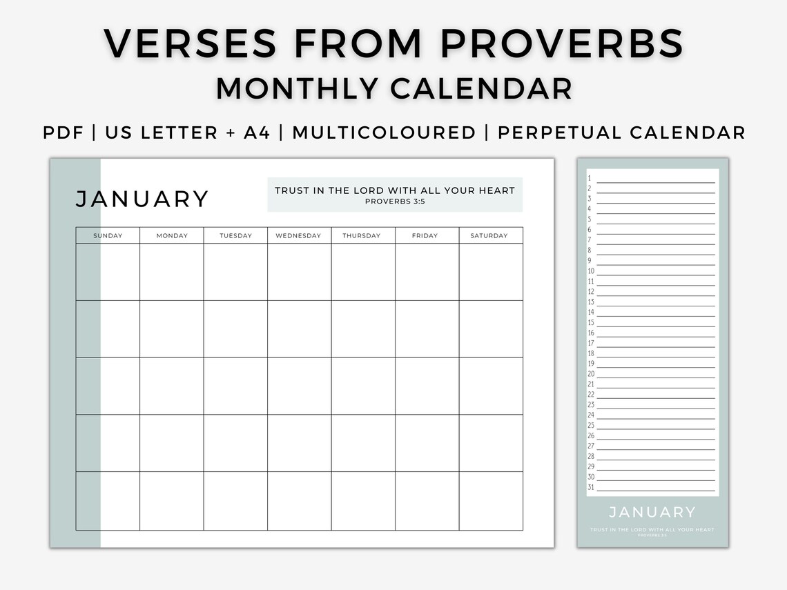 Proverbs Scripture Quote Printable Monthly Calendar, Bible Verse ...