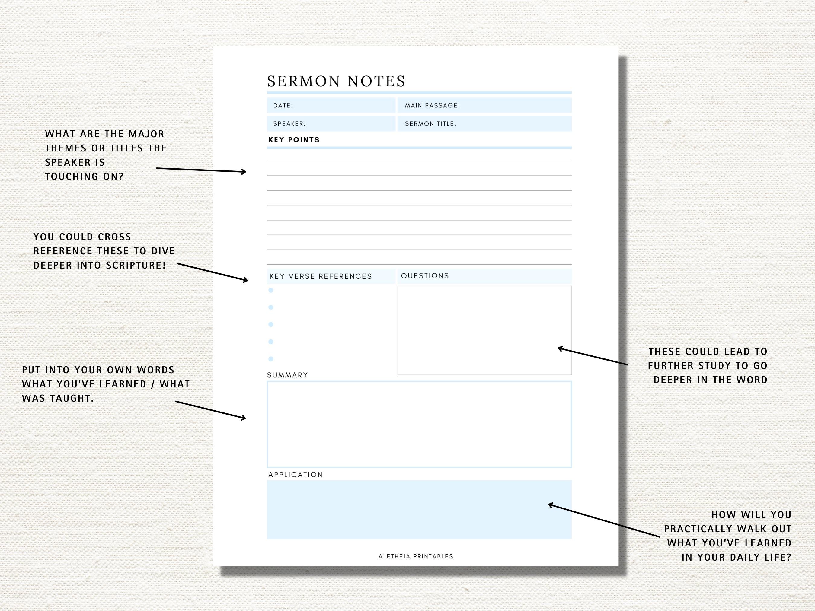 Sermon Summary Notes Printable Template, Sunday Sermon Church Notes ...