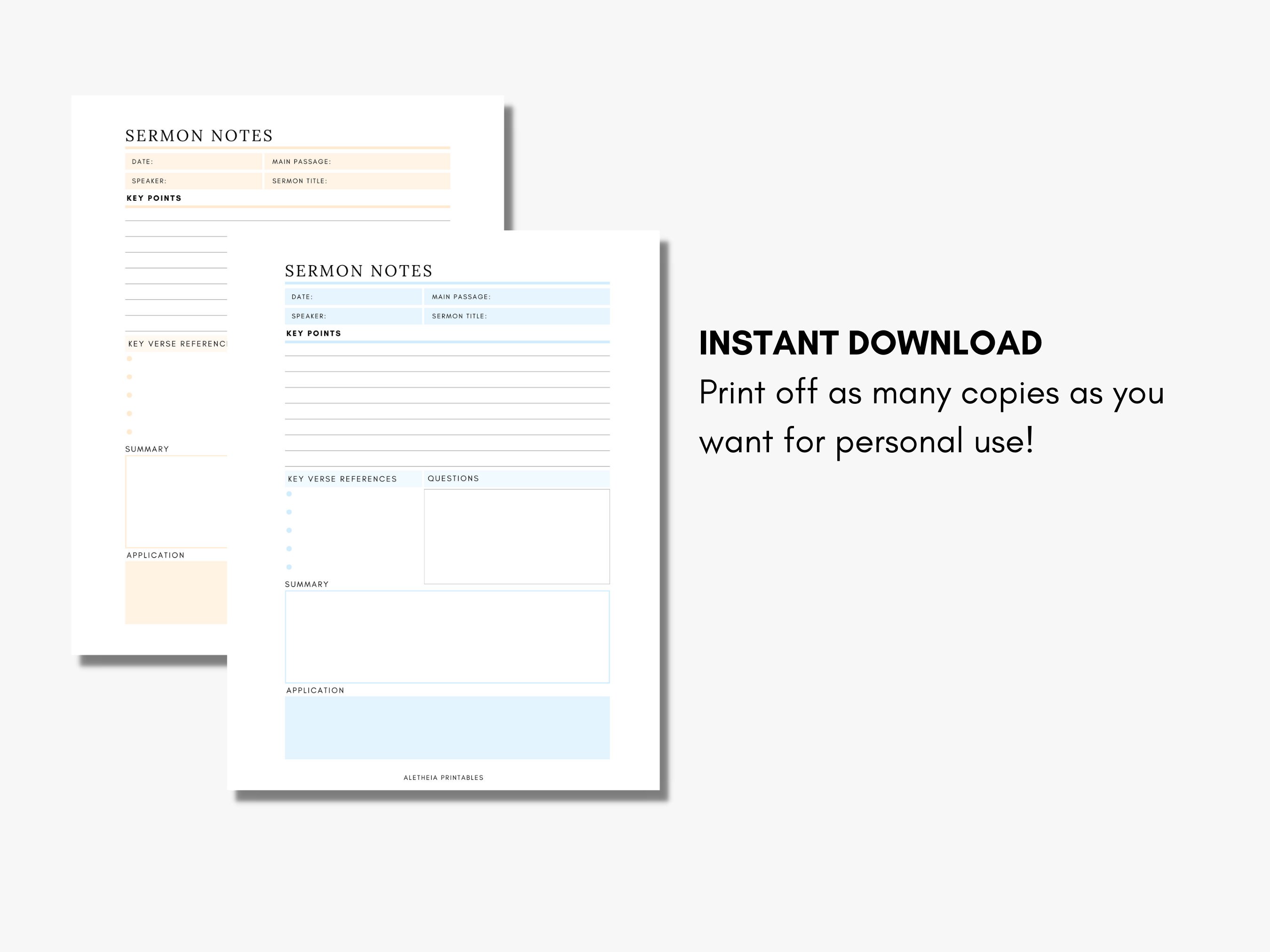 Printable Sermon Summary Notes Church Notes Faith Planner Binder