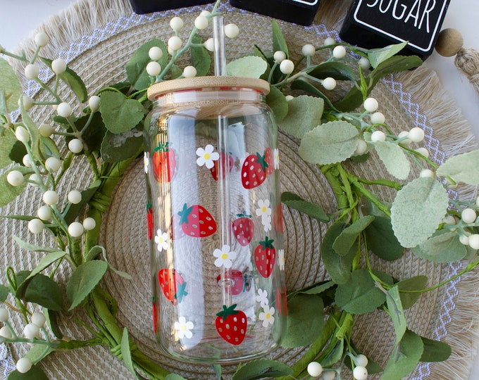 Strawberry Glass Cup Strawberry Glass Tumbler 16oz Glass Can With Lid ...