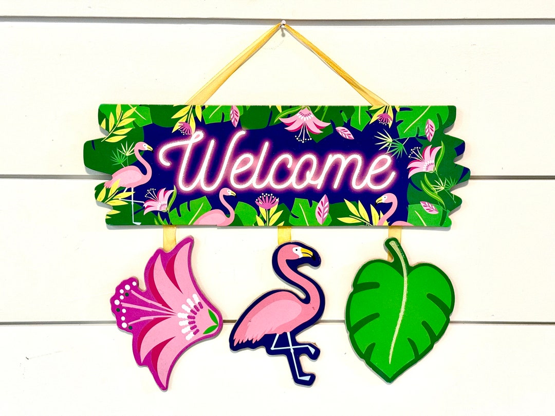 Welcome Sign-neon Pink, Blue, Green Tropical Party Sign-pink Flamingo ...