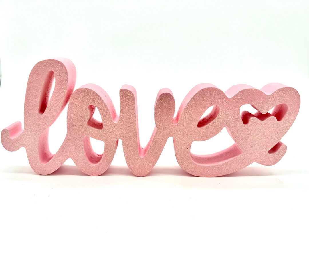 Pink Love Sign With Heart -painted Pink Glitter Wood Love Sign ...