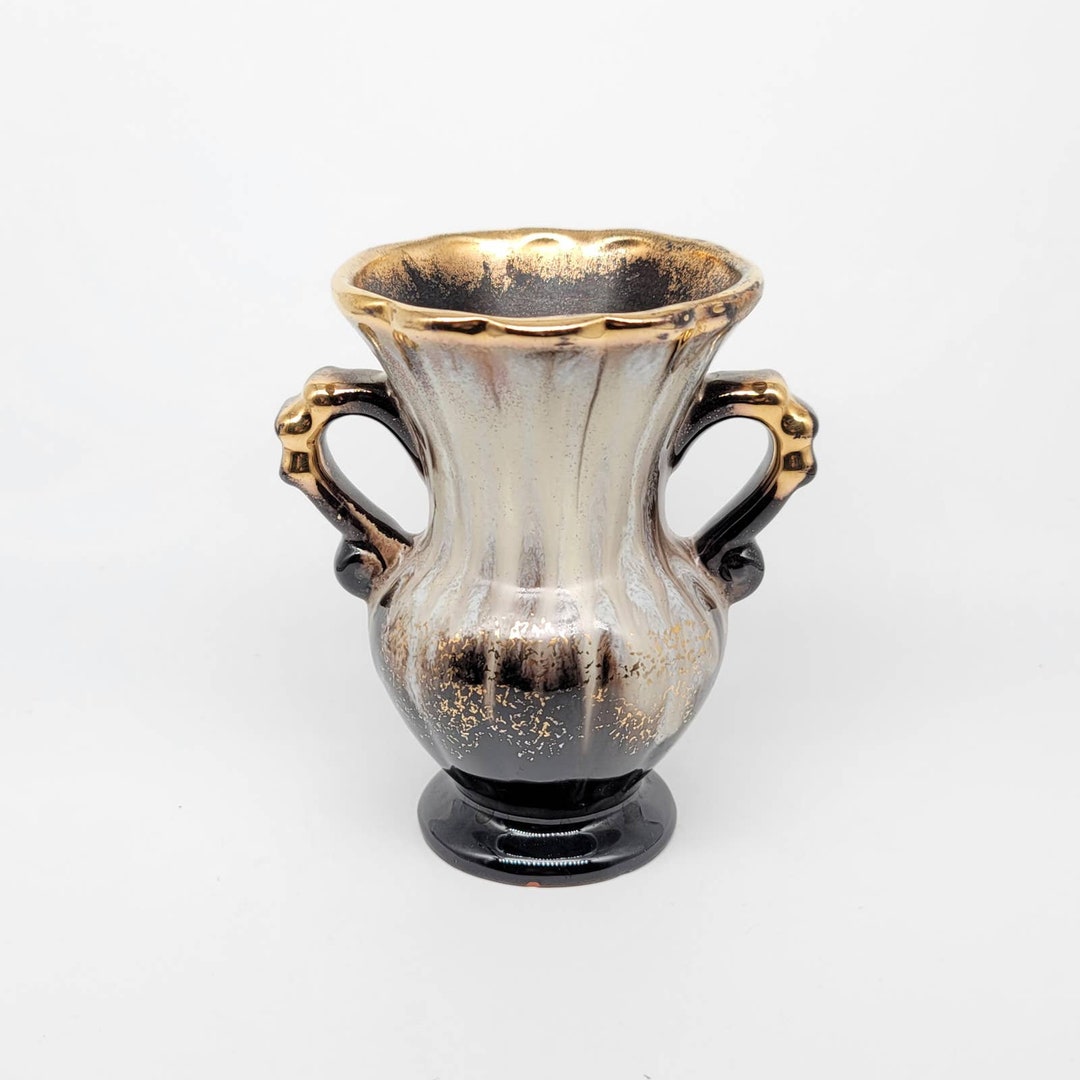 Small Vintage Vase With Two Handles Black Gold White Made in - Etsy