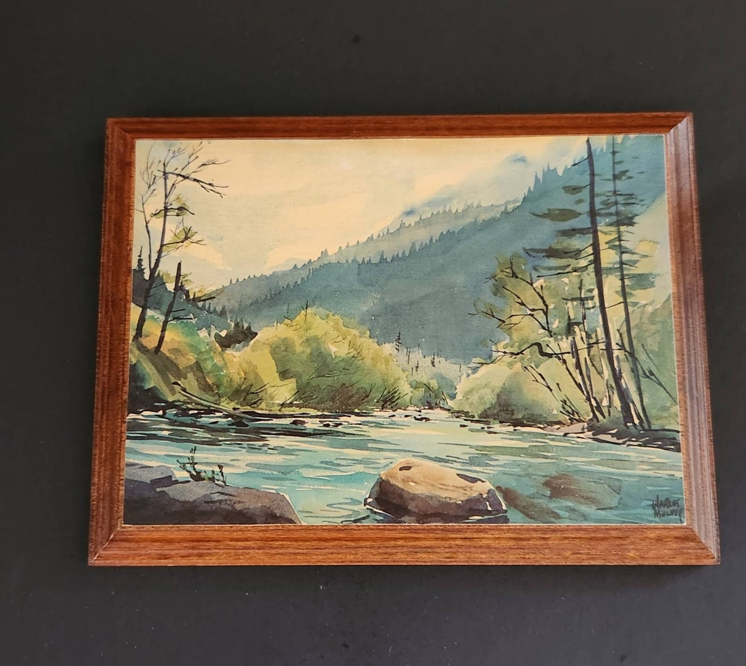 Vintage Wood Plaque With Paper Applique River Mountains 70s Wall ...