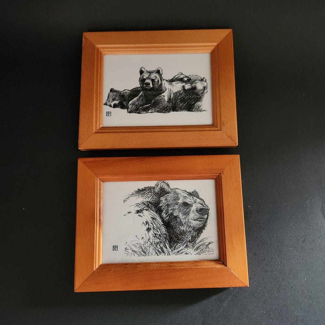 Set of Framed Bear Pictures Hand Drawn Wall Decoration Lodge Cabin ...
