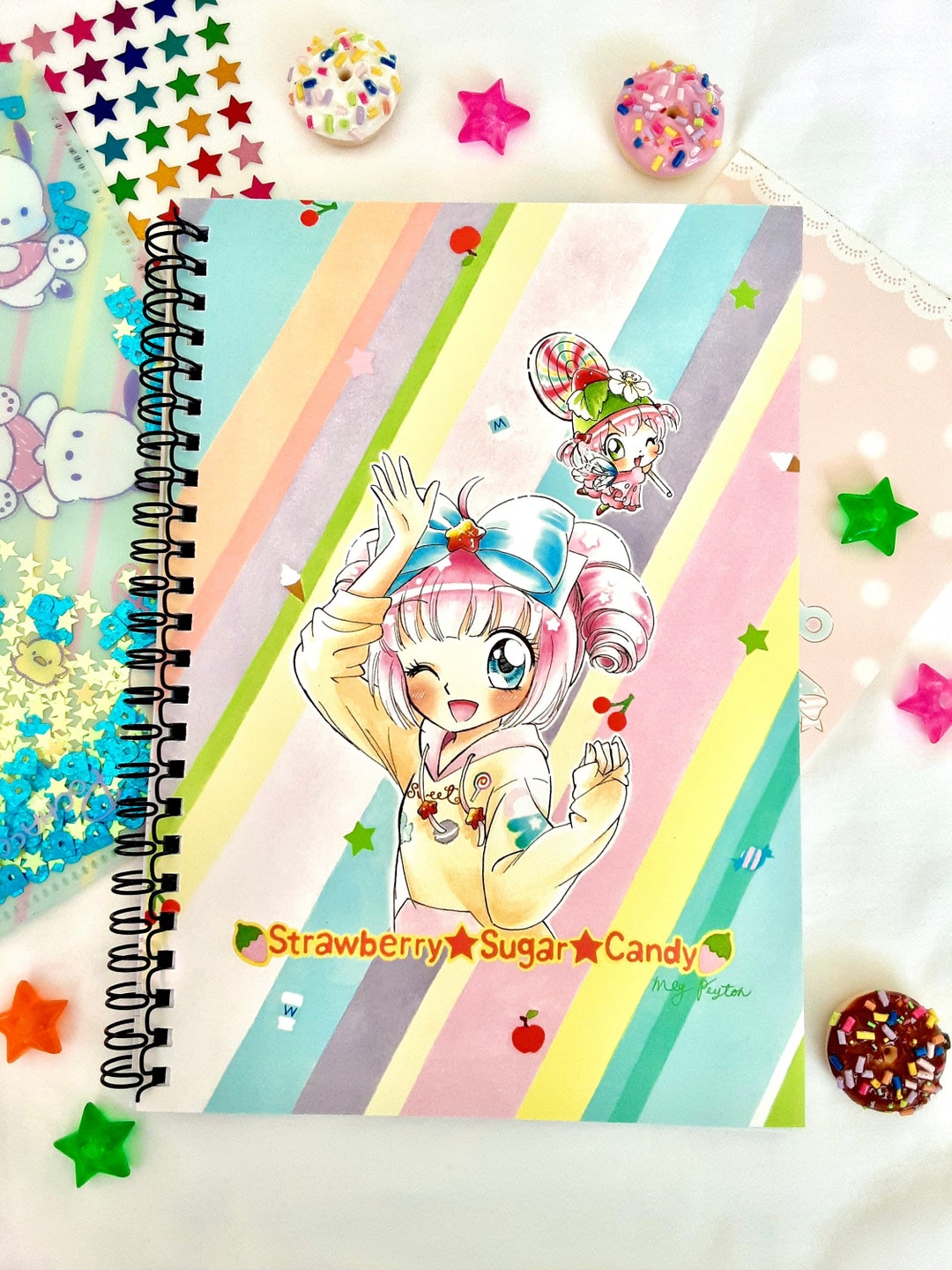 Spiral Bound Notebook: Kawaii Anime Girl and Fairy With Rainbow Stripes ...