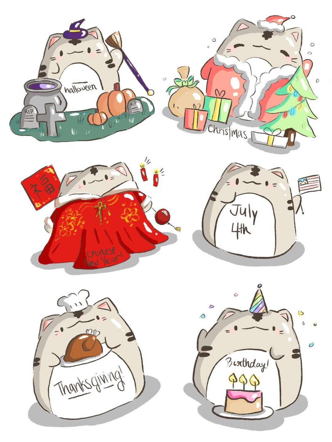 3 6 Pack Seasonal Cute Tabby Cat Stickers - Etsy