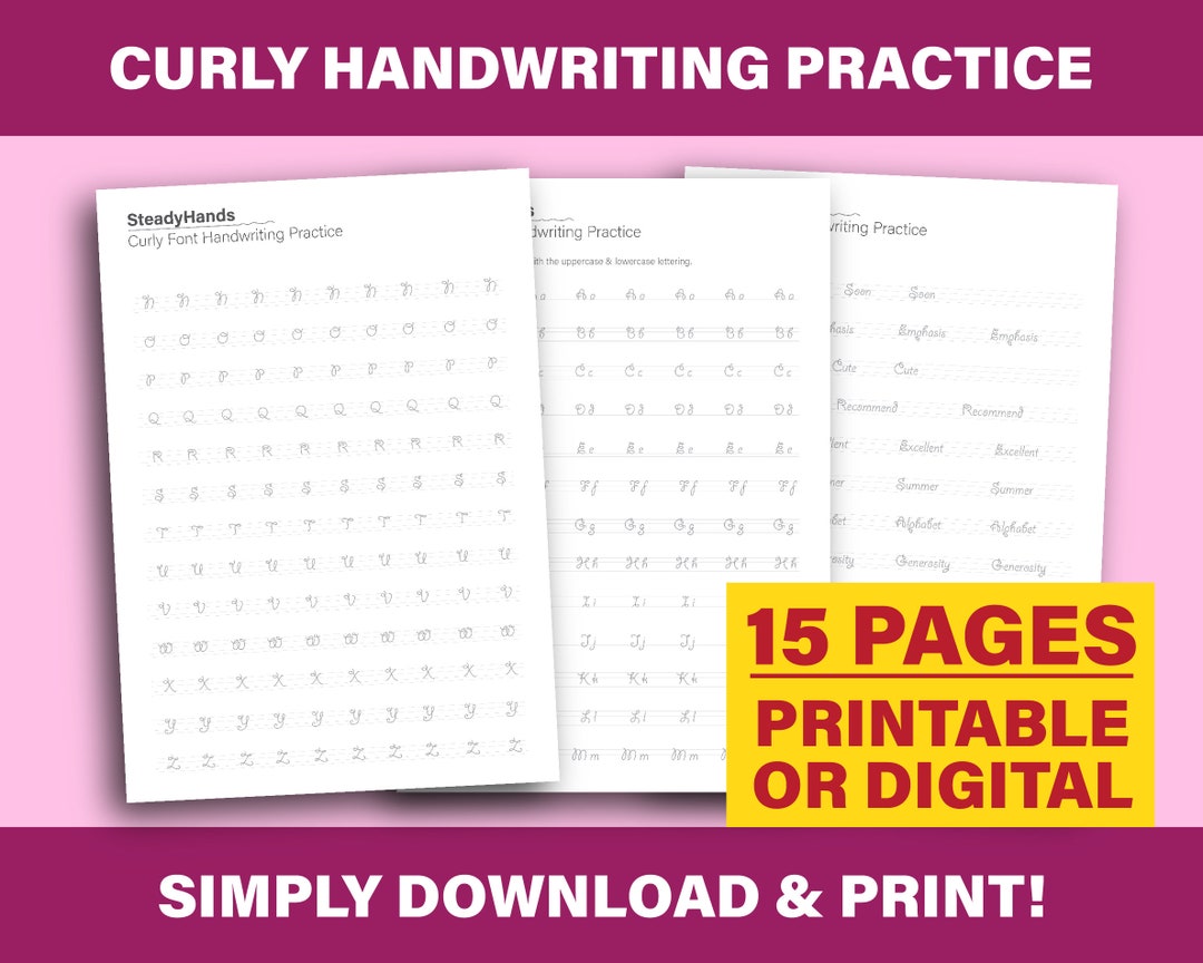 Curly Font Handwriting Practice Worksheets (printable Sheets, Alphabet ...