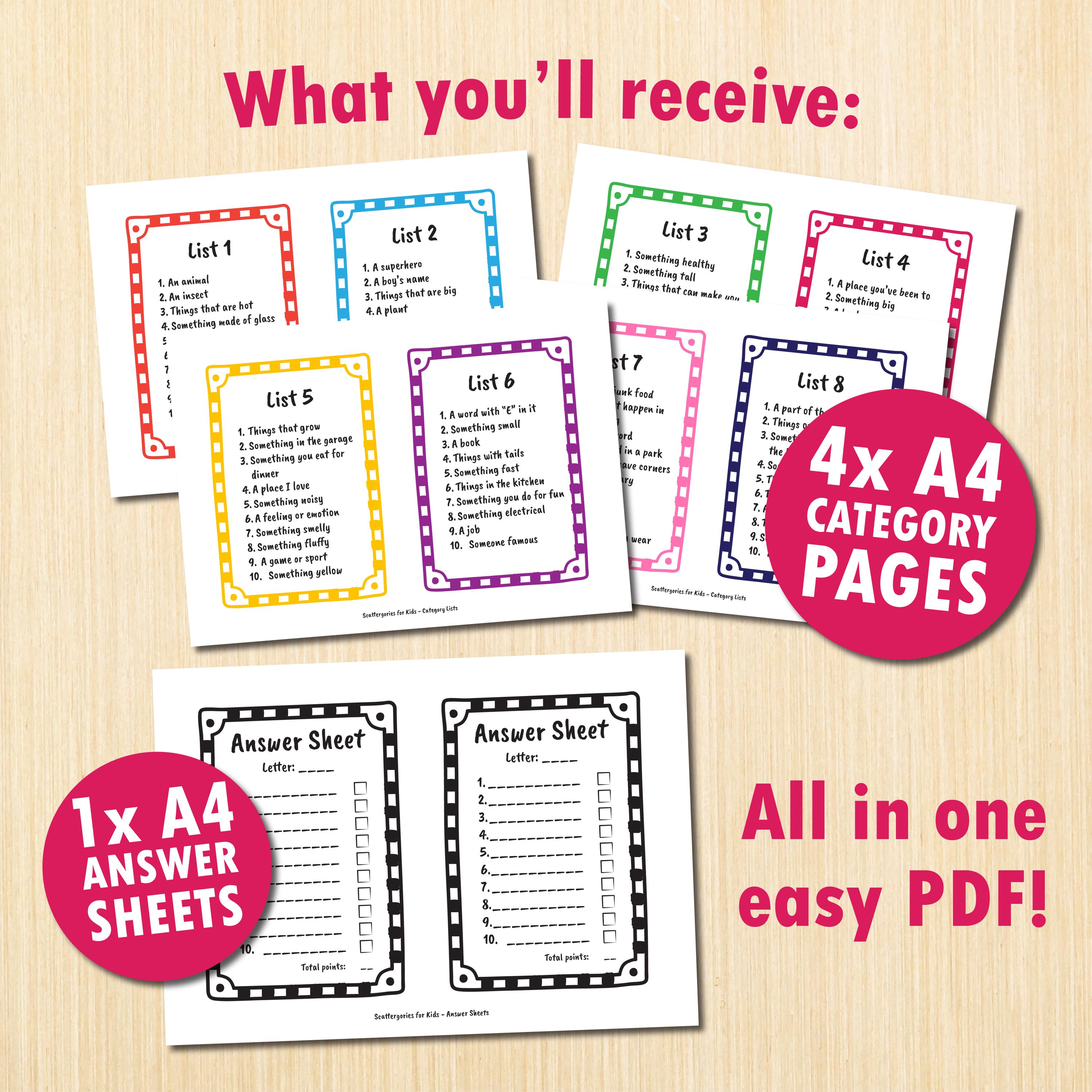 Kids Scattergories Printable Game - Fun Family Activity for Parties ...