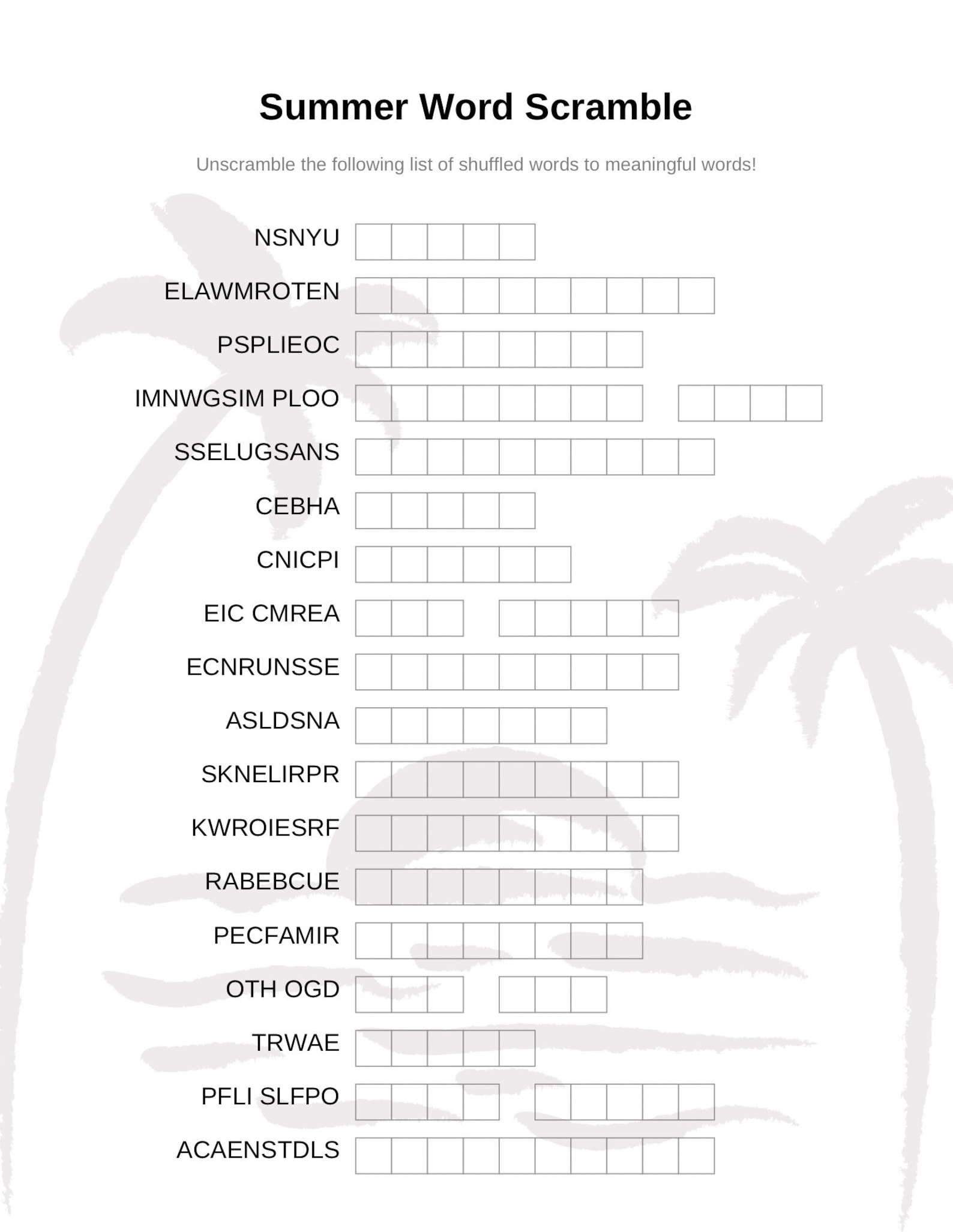 Summer Word Scramble Instant Download, Summer Word Scramble Printable ...