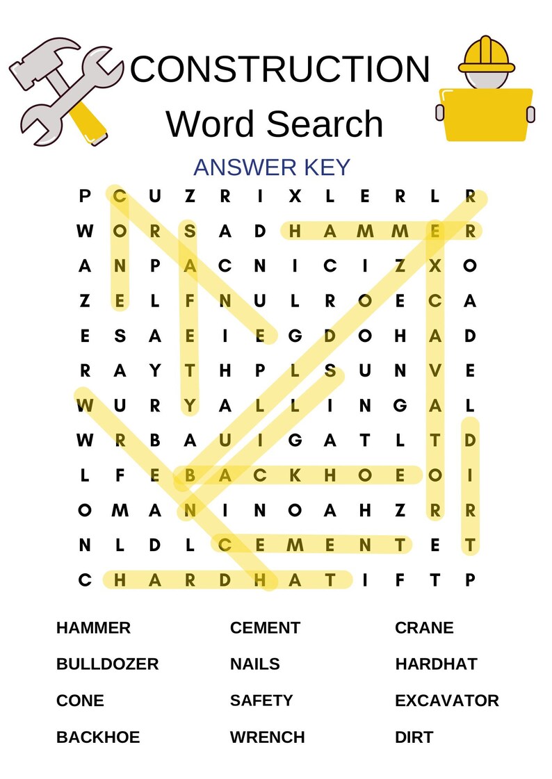 Construction Word Search Instant Download, Printable Construction Word ...