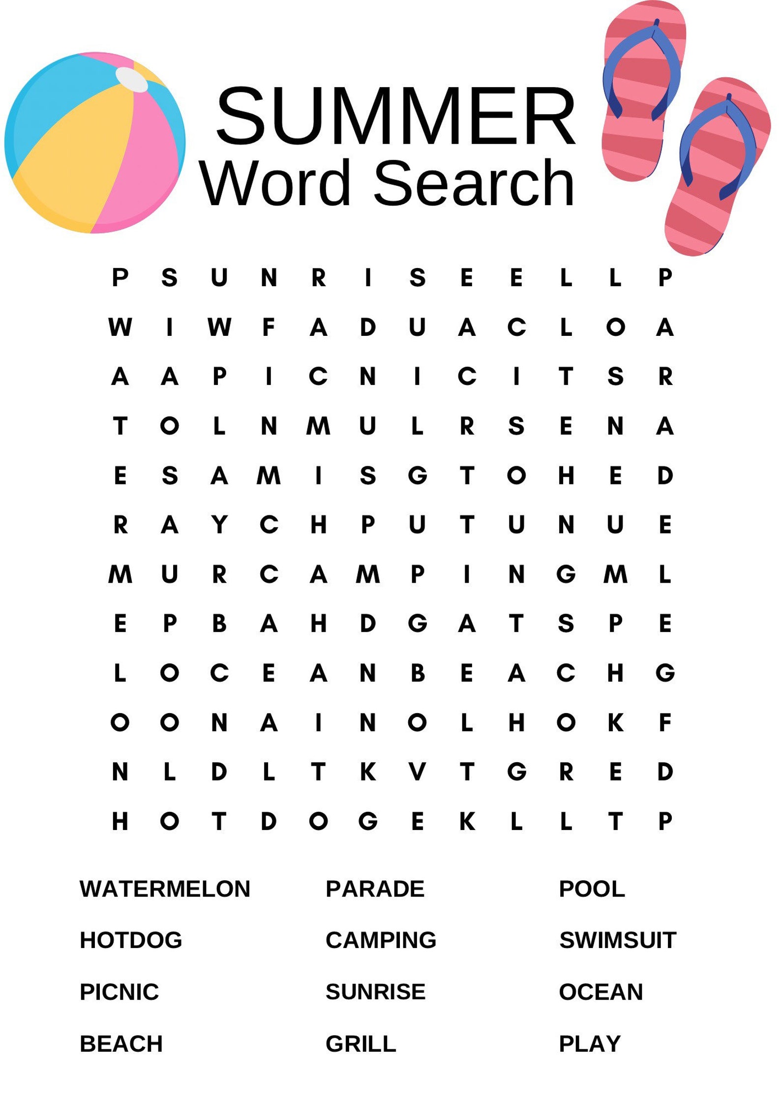 Summer Themed Word Search Instant Download, Printable Summer Themed ...