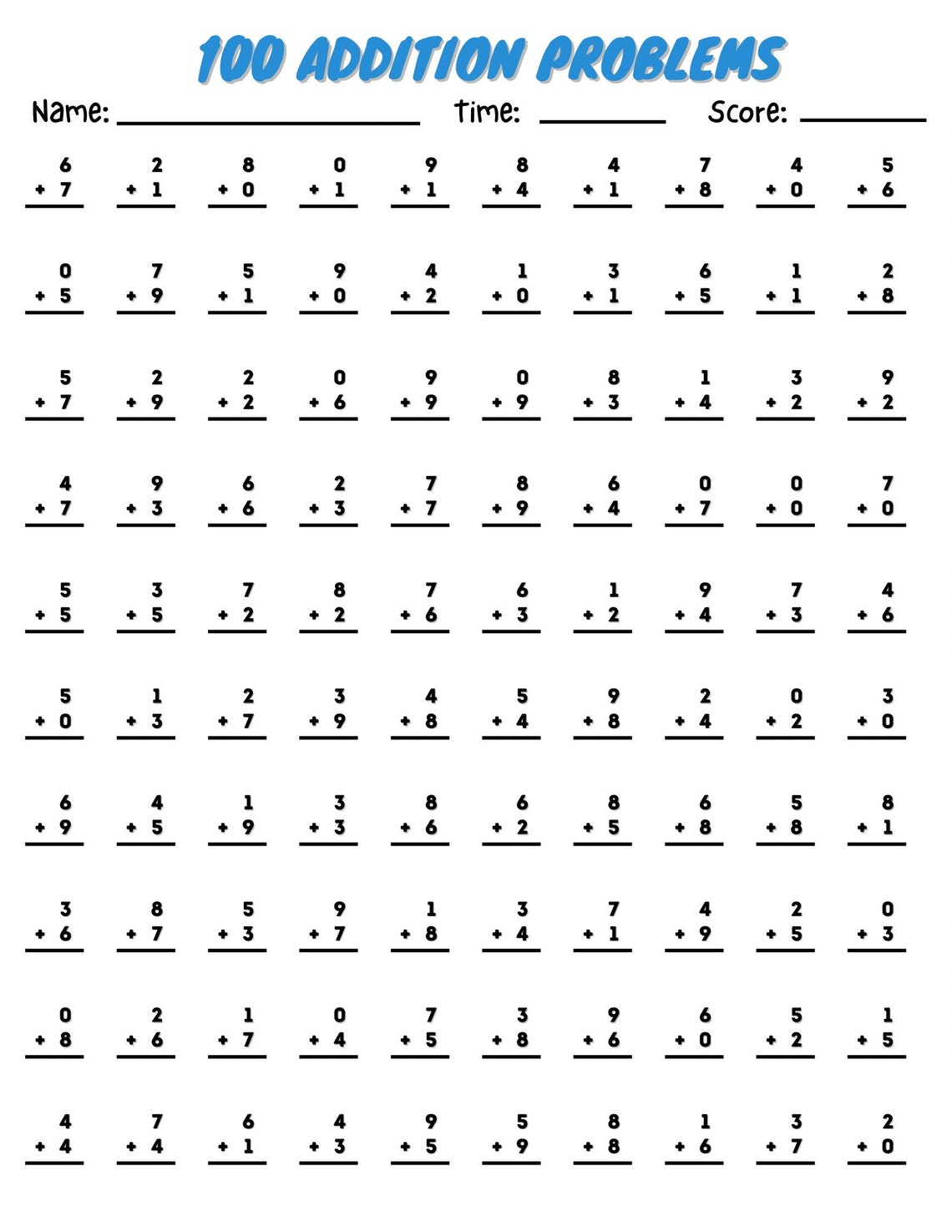 100 Addition Question Instant Download, Addition Printable, Math PDF - Etsy