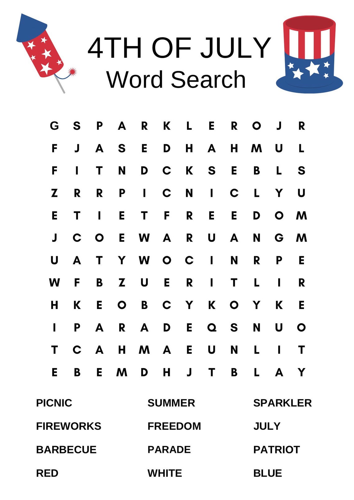 Fourth of July Word Search Instant Download, Independence Day Word ...