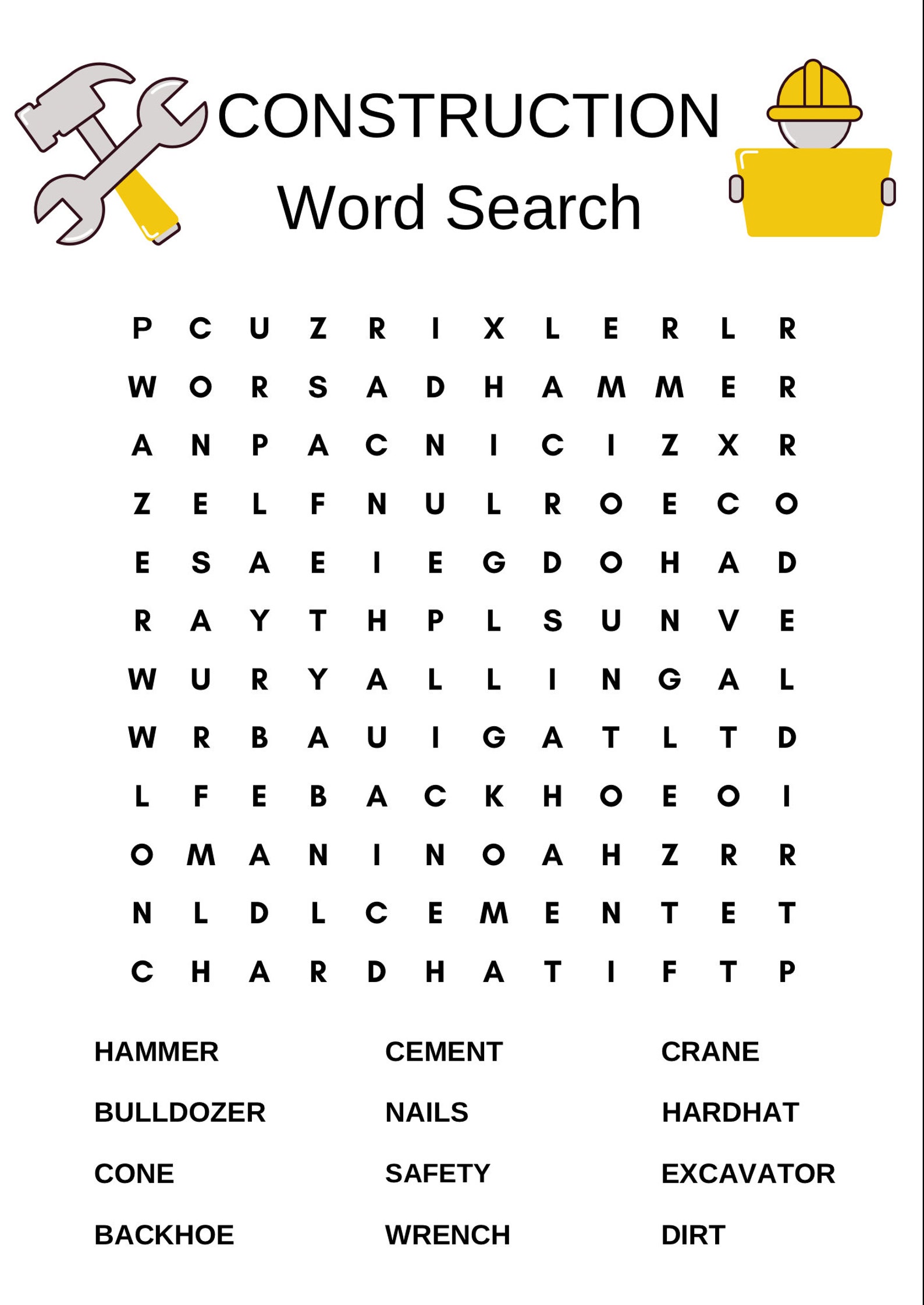 Construction Word Search Instant Download, Printable Construction Word ...
