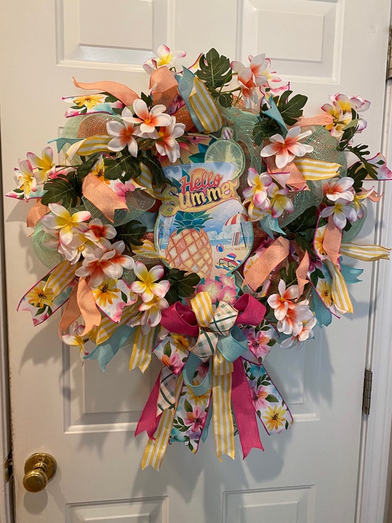 Hello Summer Wreath With Mesh and Ribbon. the Greenery is - Etsy