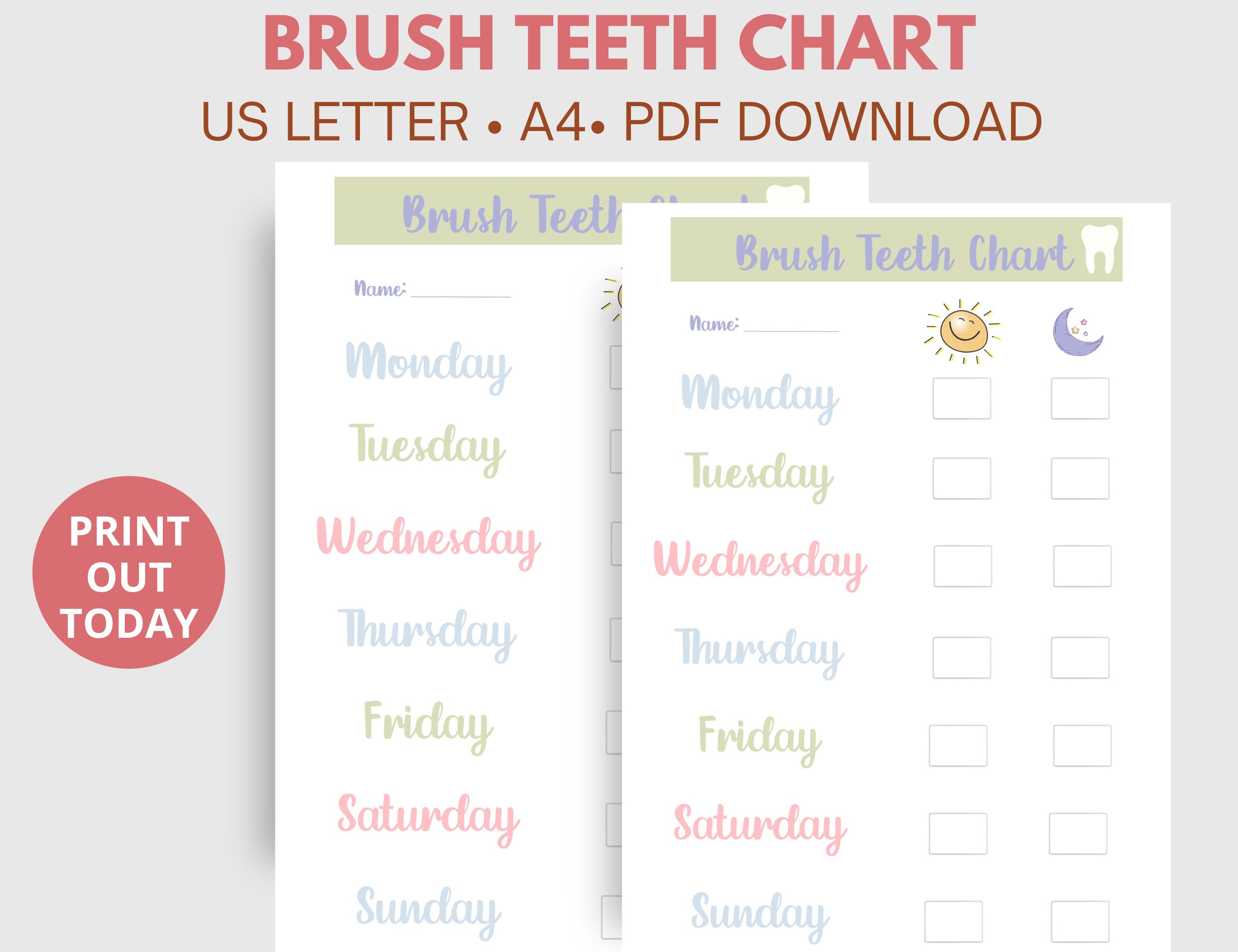 Brush Teeth Chart Kids Baby Tooth Brushing Reward Chart Montessori ...