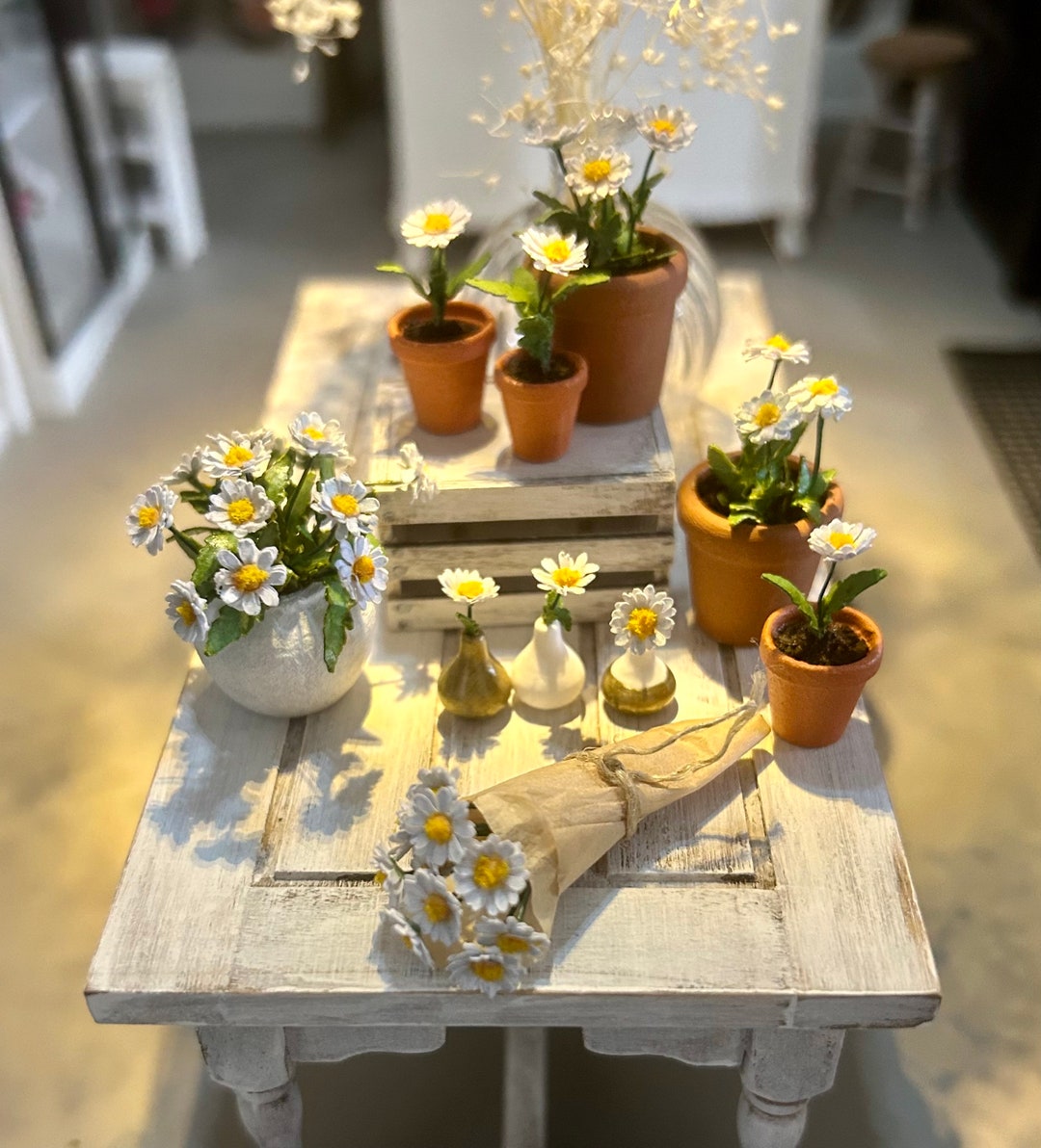 Dollhouse Miniature Daisy Flowers, Bouquet Wrapped in Floral Paper ...