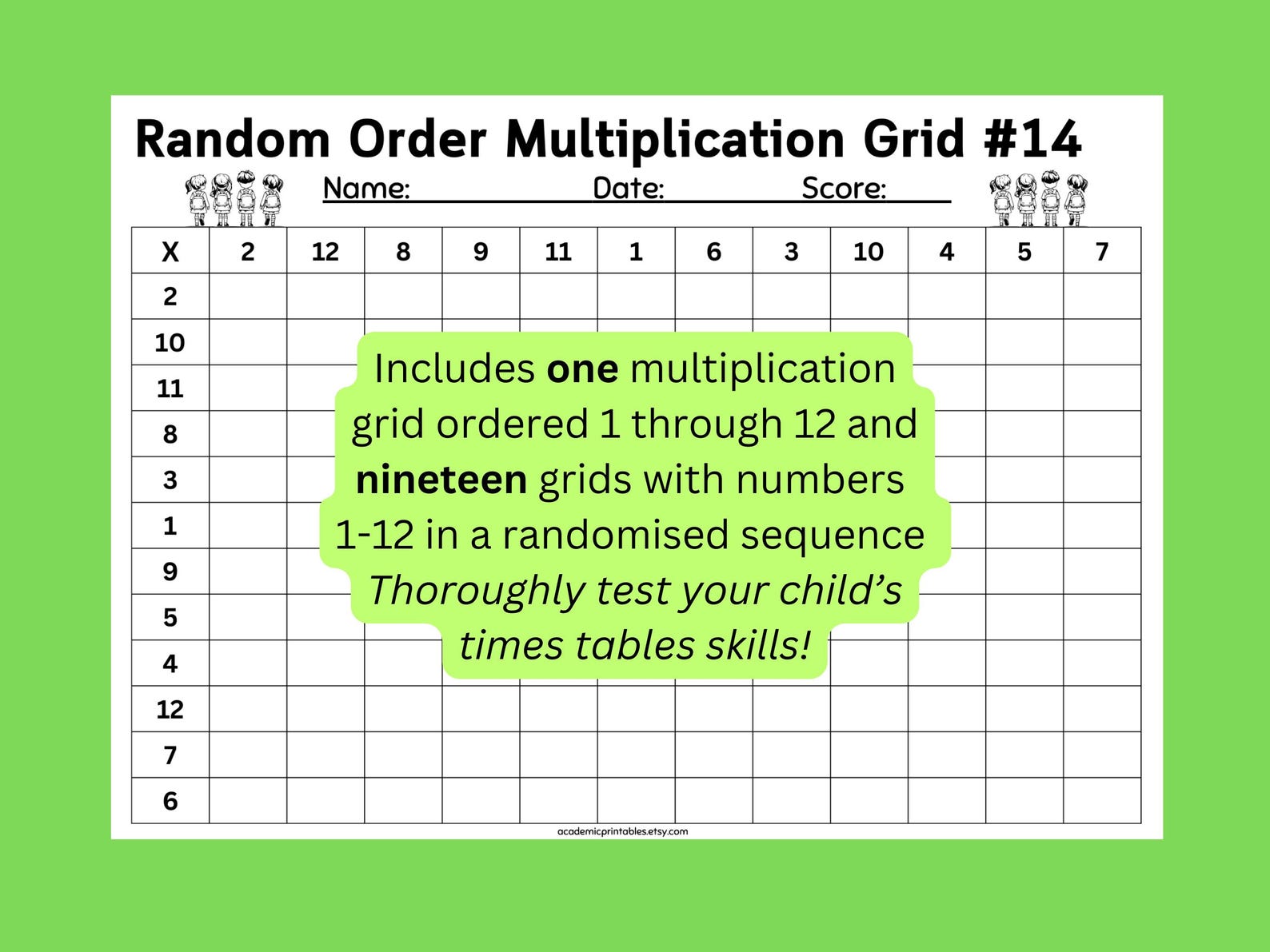 20 Multiplication Grid Worksheets, Times Tables 1-12 Chart, Math Drills ...