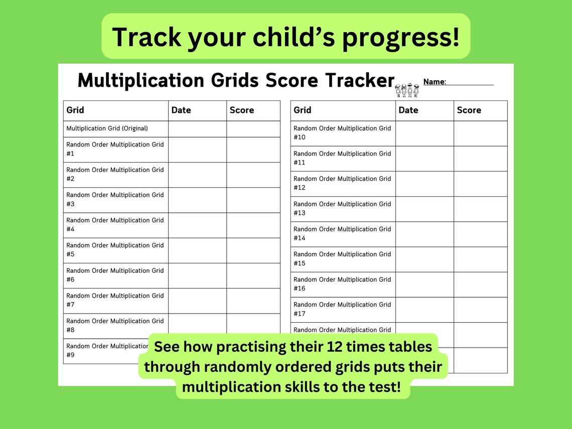 20 Multiplication Grid Worksheets, Times Tables 1-12 Chart, Math Drills ...