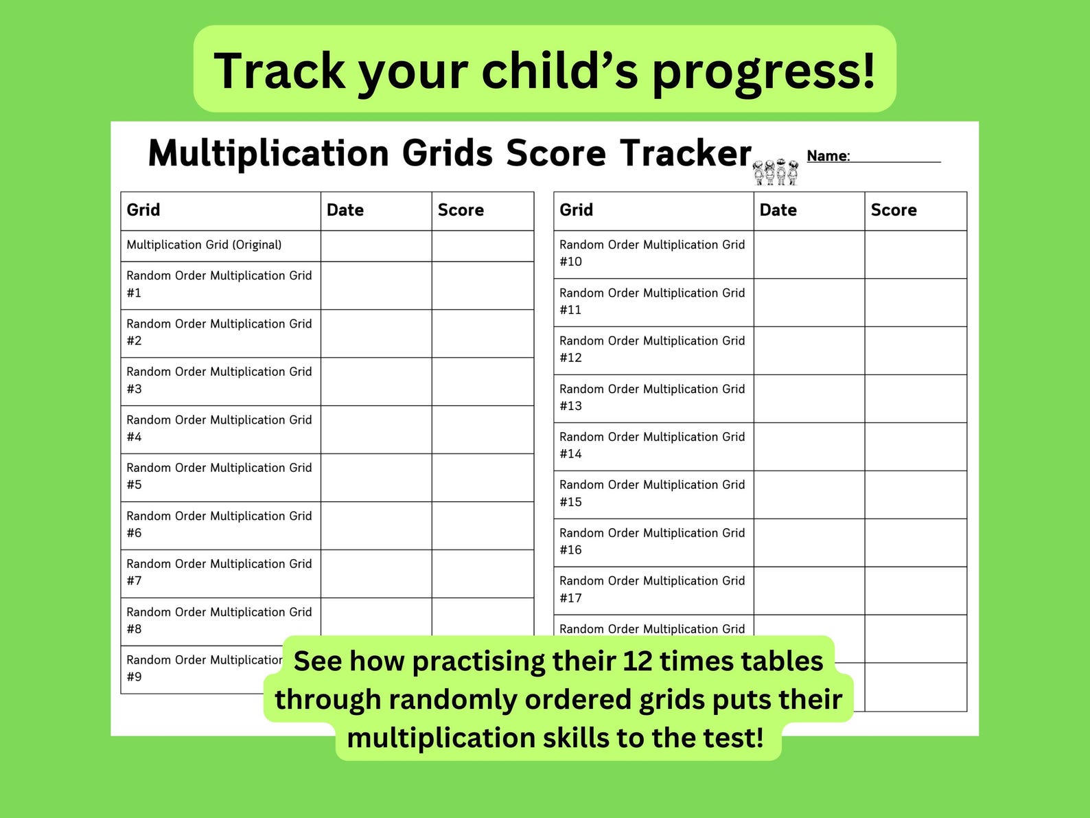 20 Multiplication Grid Worksheets, Times Tables 1-12 Chart, Math Drills ...