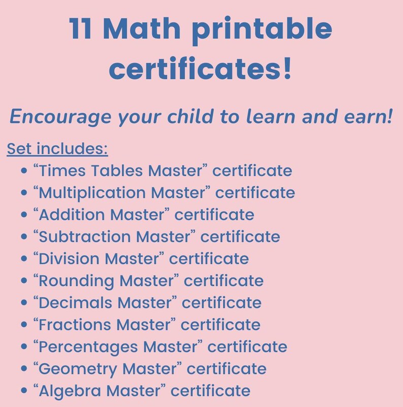 11 Math Certificates! Digital Download, Printable. - Etsy