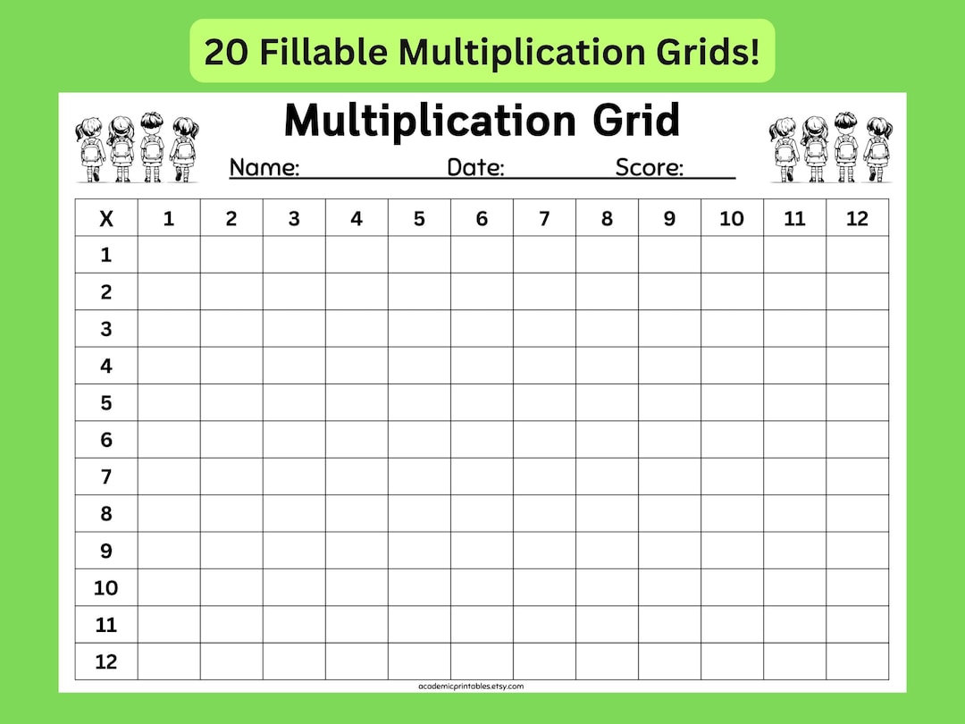 20 Multiplication Grid Worksheets, Times Tables 1-12 Chart, Math Drills, Digital Download ...