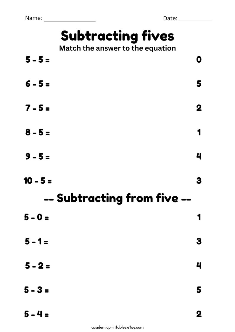 15 Single Digit Subtraction Worksheets, Numbers 0 to 10, Printable ...