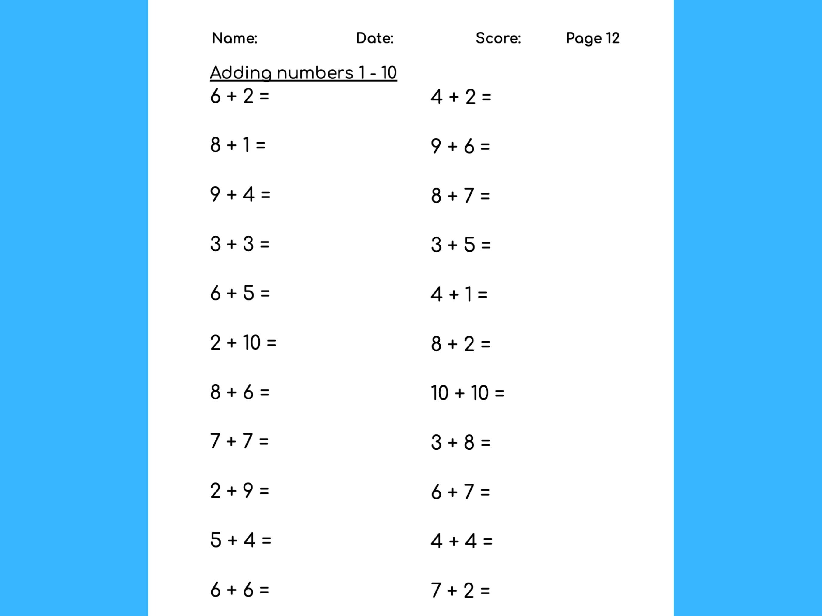 15 Single Digit Addition Worksheets, Adding Numbers 1 to 10, Printable ...