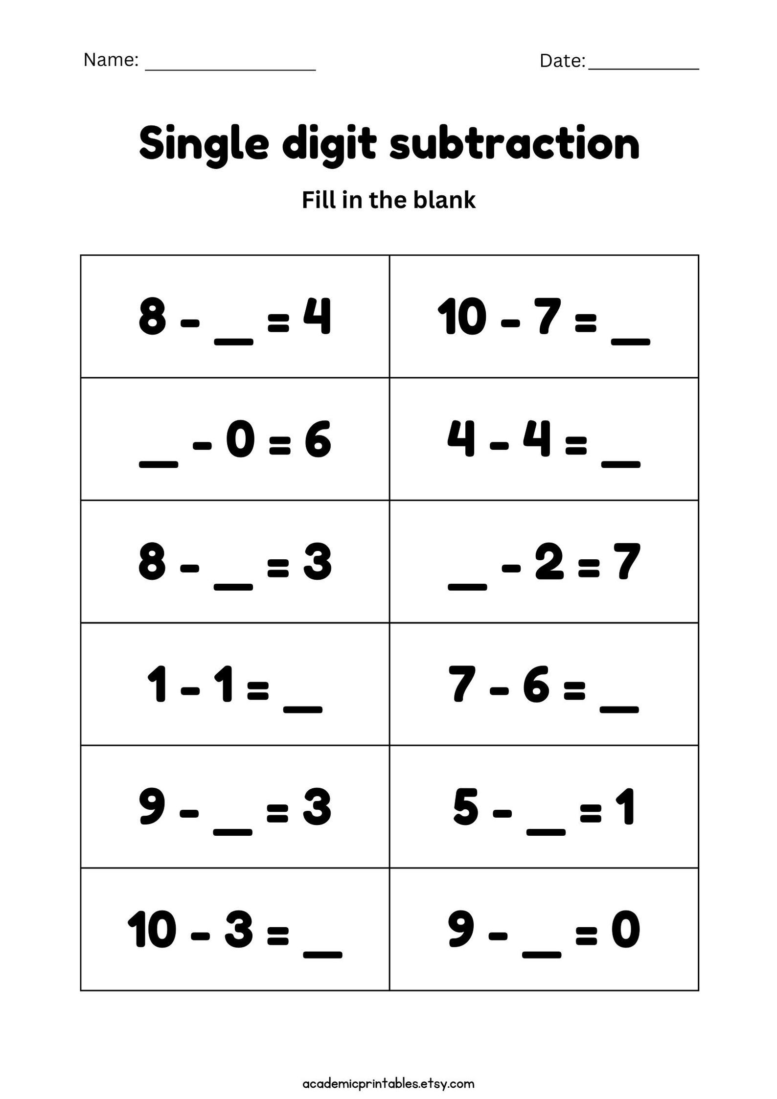 15 Single Digit Subtraction Worksheets, Numbers 0 to 10, Printable ...