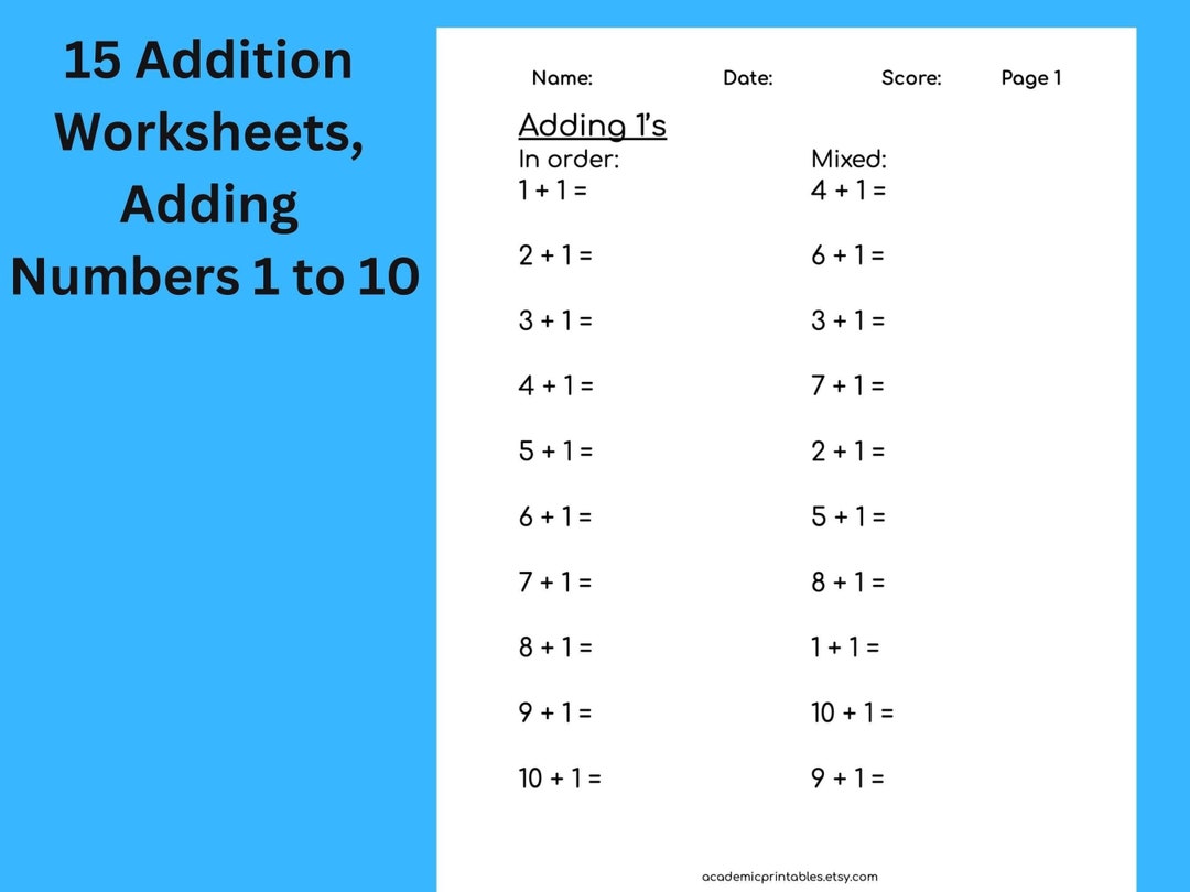 15 Single Digit Addition Worksheets, Adding Numbers 1 to 10, Printable ...