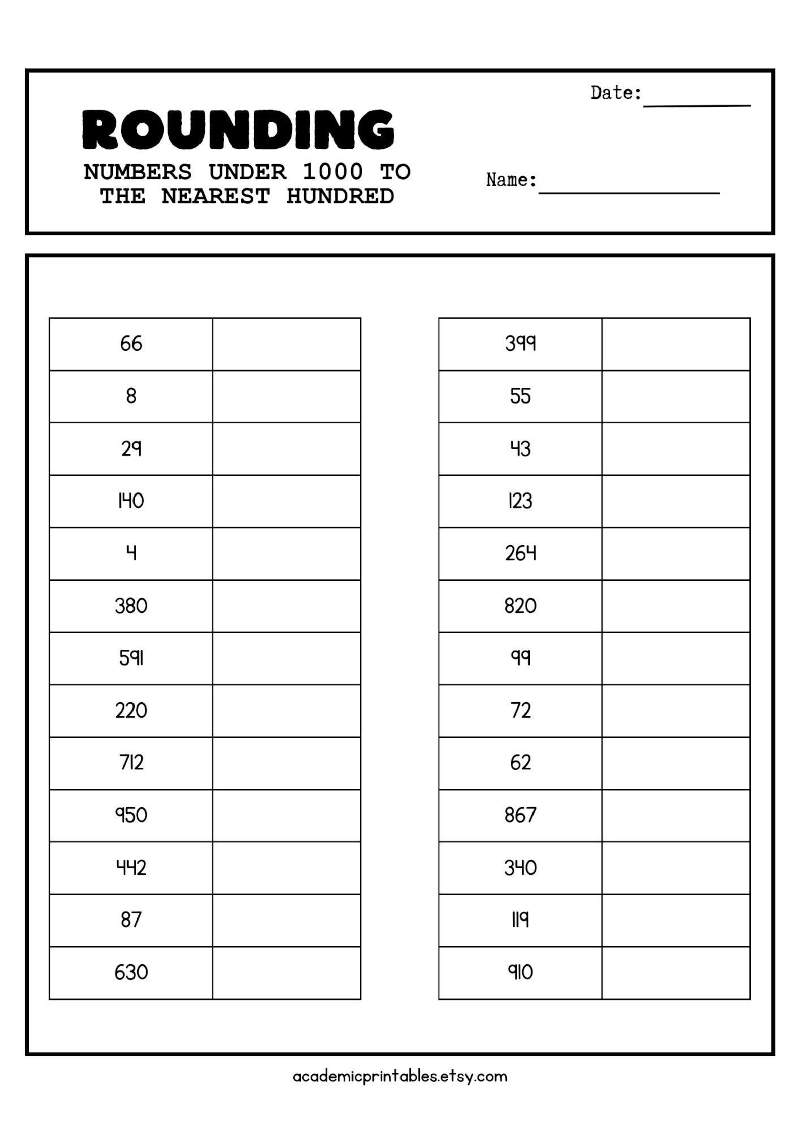 10 Rounding Math Worksheets, Numbers 1 to 1000, Printable, Digital ...