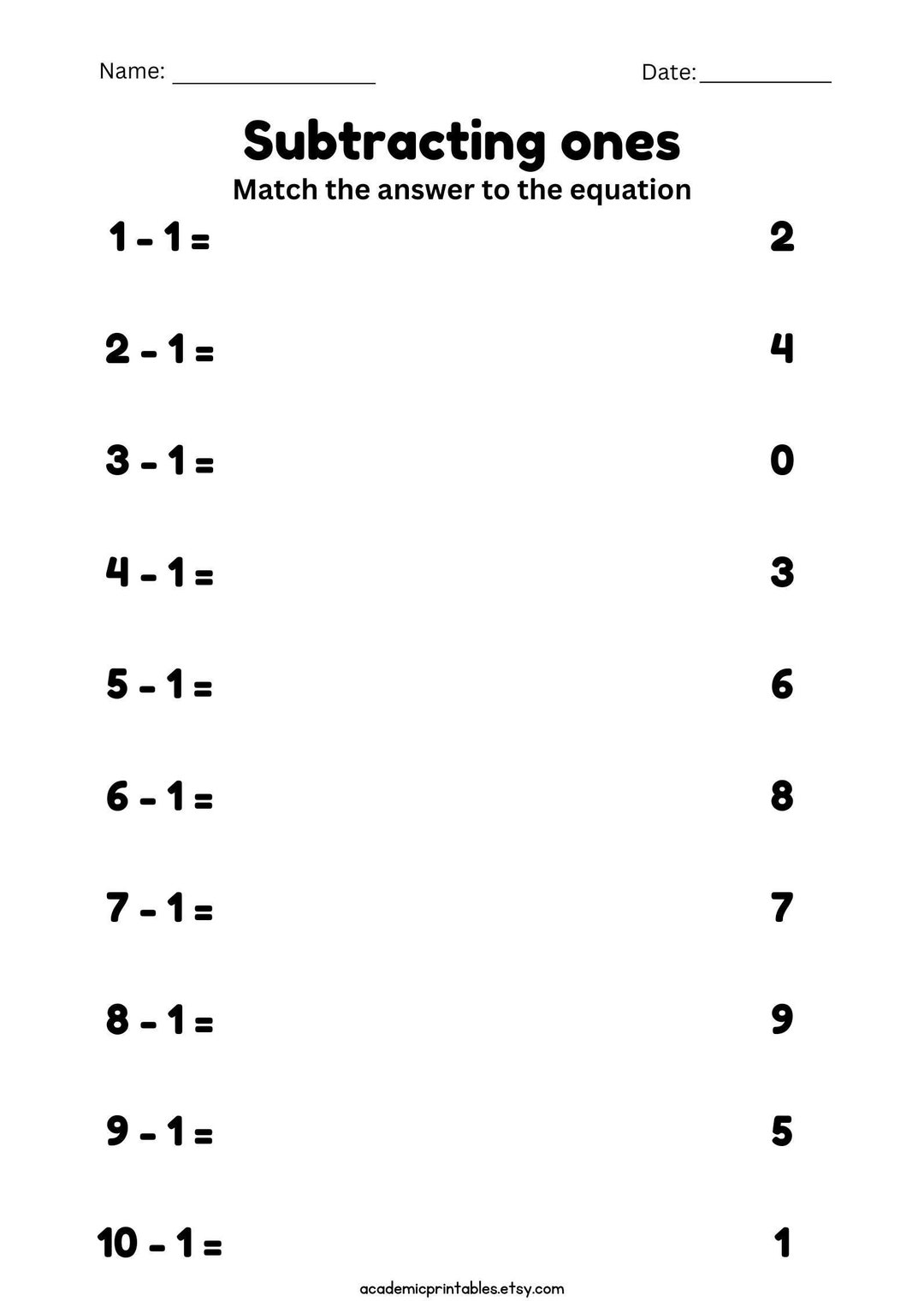 15 Single Digit Subtraction Worksheets, Numbers 0 to 10, Printable ...