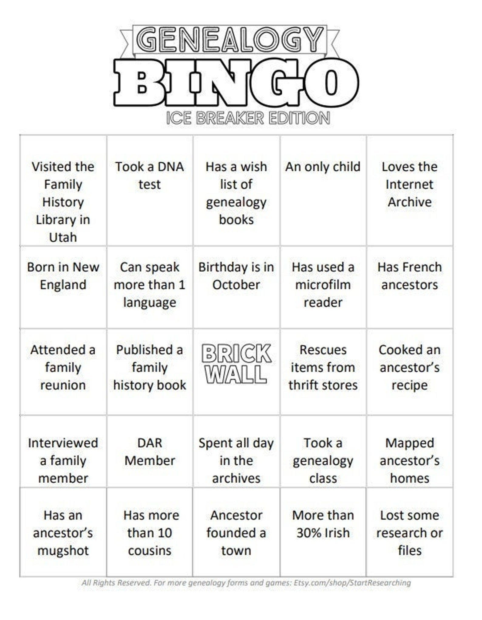 Genealogy Bingo: Ice Breaker Edition - Etsy