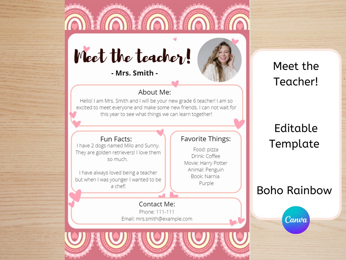 Boho Rainbow Meet the Teacher Template, Editable Back to School Teacher ...