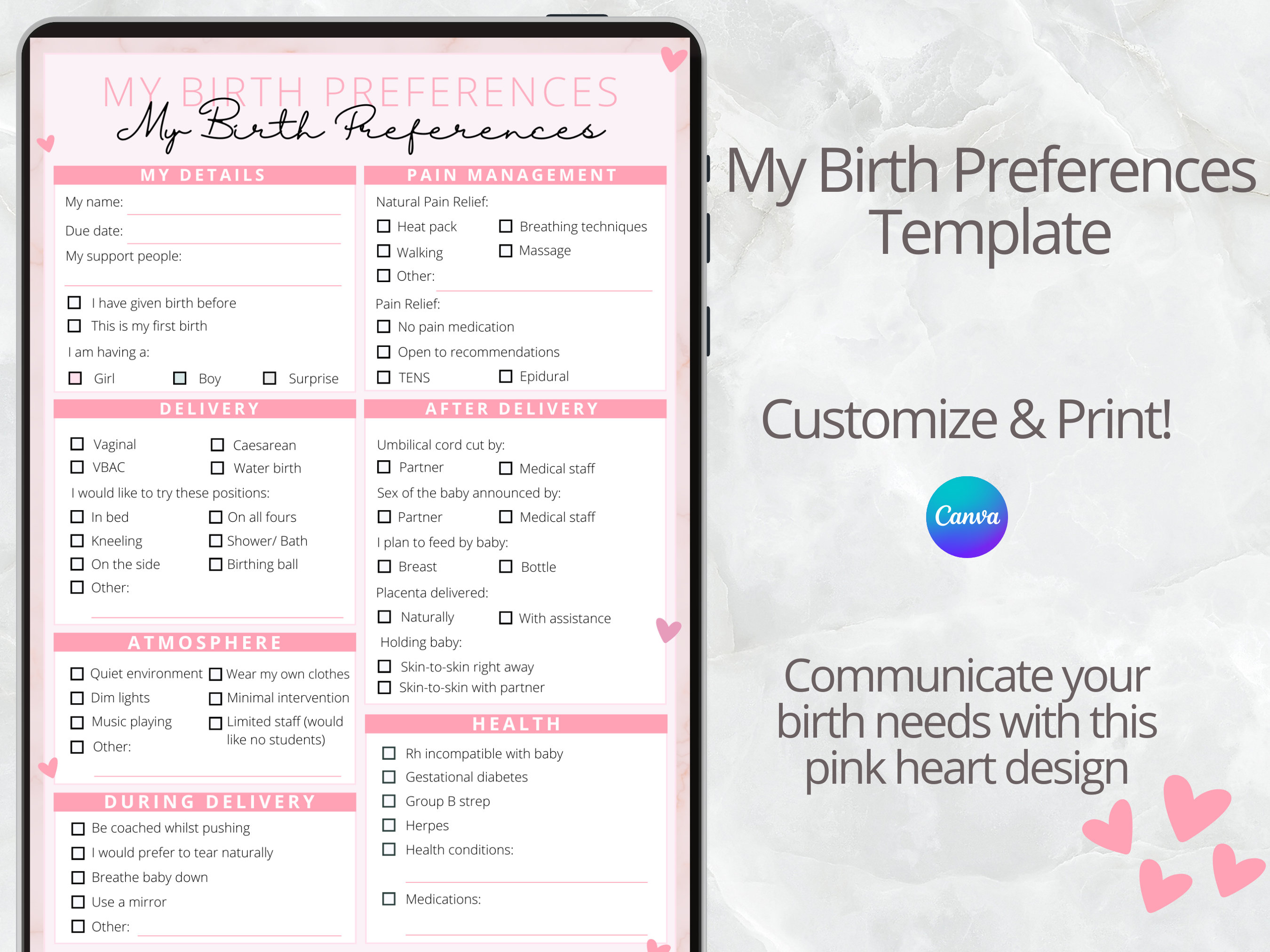Birth Plan and Birth Preferences Editable Template, Birthing Plan ...