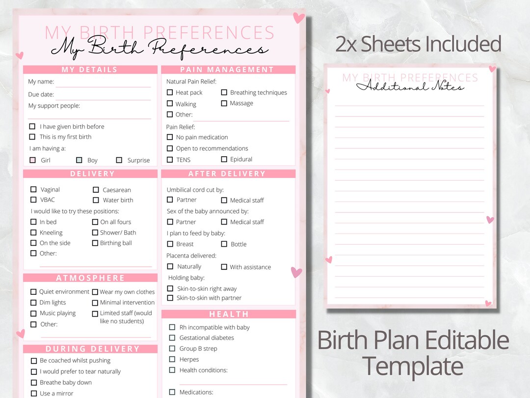 Birth Plan and Birth Preferences Editable Template, Birthing Plan ...