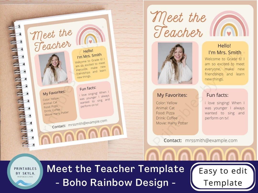 Boho Rainbow Meet the Teacher Editable Template, Easy to Use Back to ...