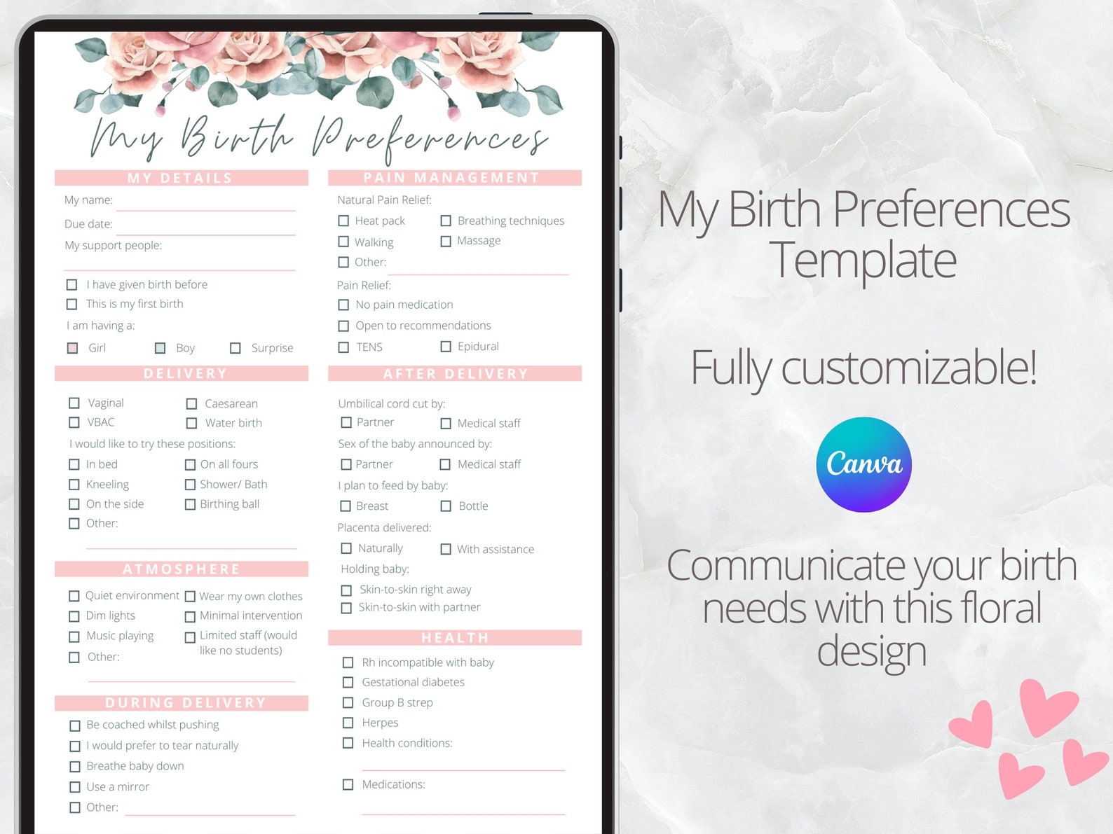 Birth Preferences Template, Birth Plan Editable, Baby Checklist to ...