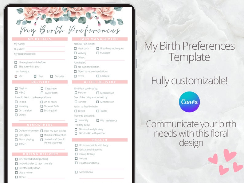 Birth Preferences Template, Birth Plan Editable, Baby Checklist to ...
