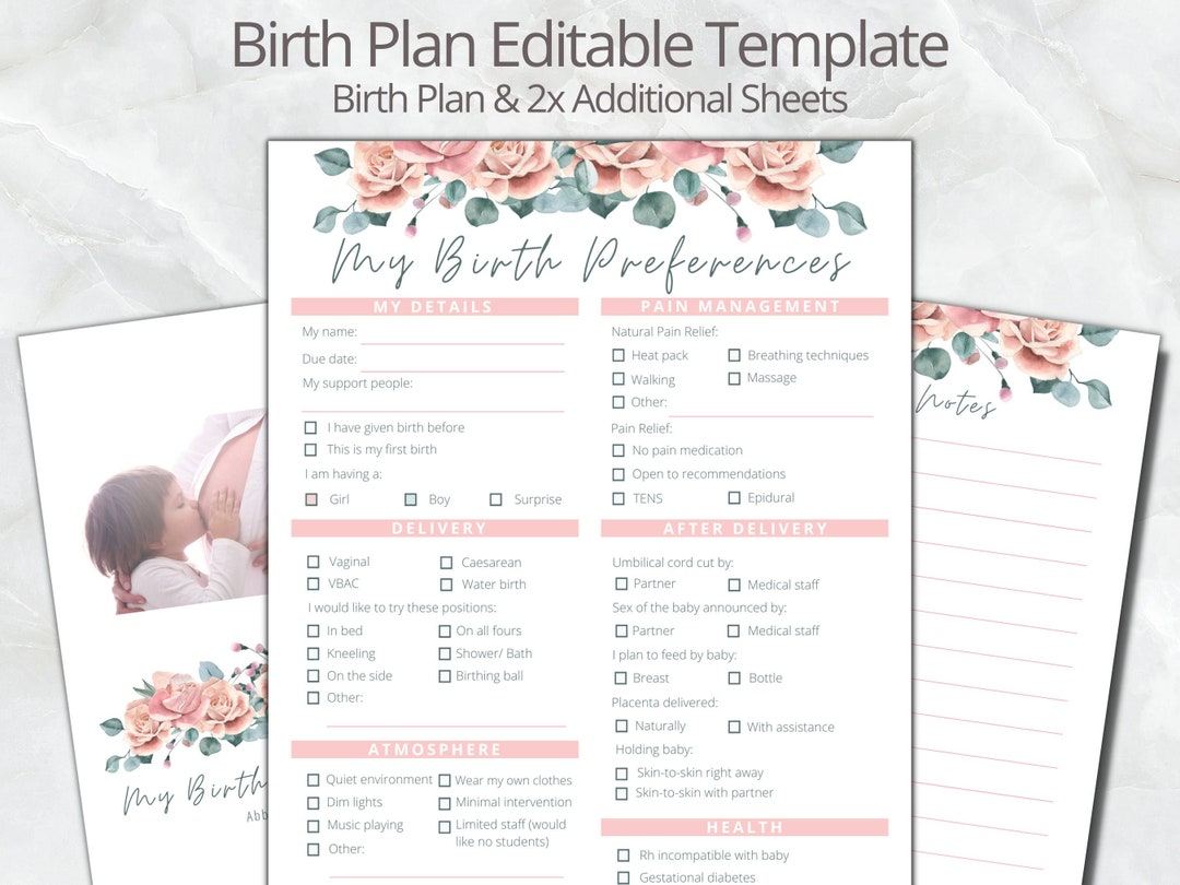 Birth Preferences Template, Birth Plan Editable, Baby Checklist to ...