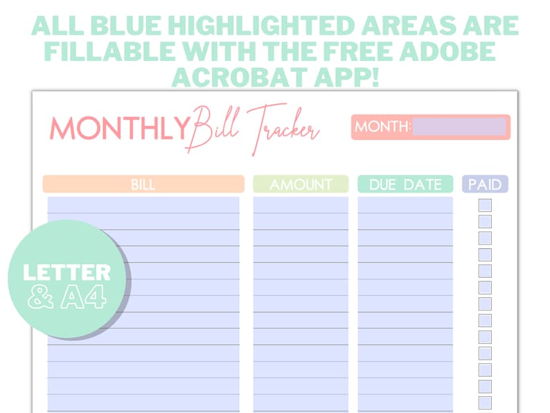 Editable Monthly Bill Tracker: Printable Payment Checklist (digital ...