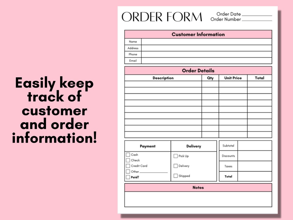 Custom Order Form Template for Small Business - Purchase Tracker and ...