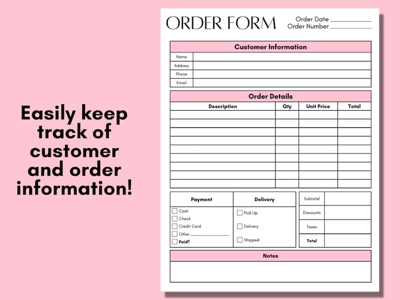 Custom Order Form Template for Small Business - Purchase Tracker and ...