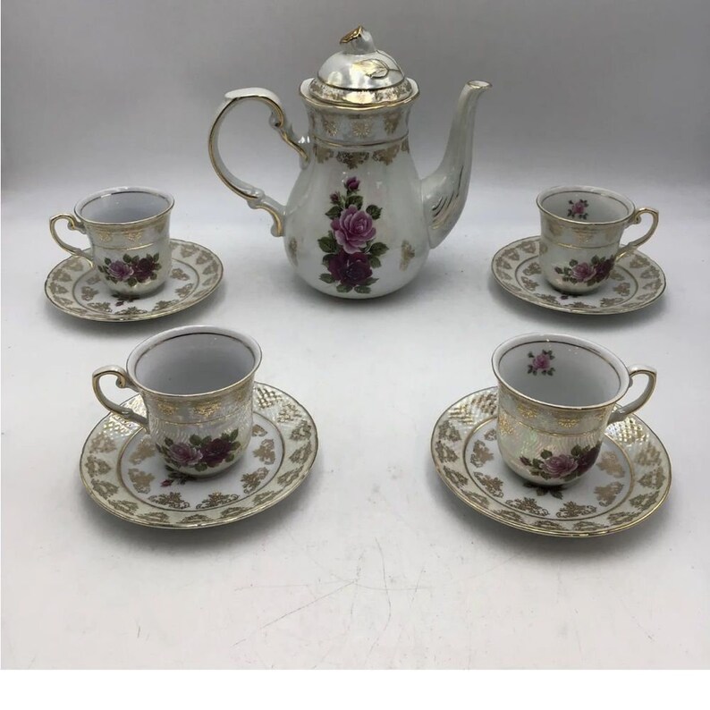 Vintage antique Porcelain Gold Plated Purple Floral Tea Set for 4 - Etsy