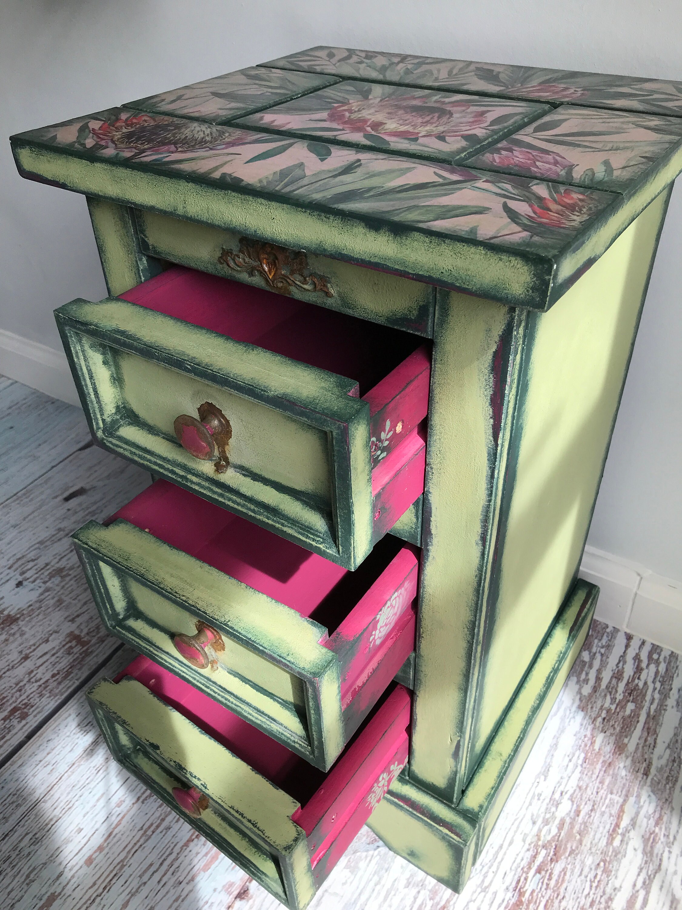 Green Pink Chest of Drawers, Floral Design, Bedside Cabinet, Made to ...