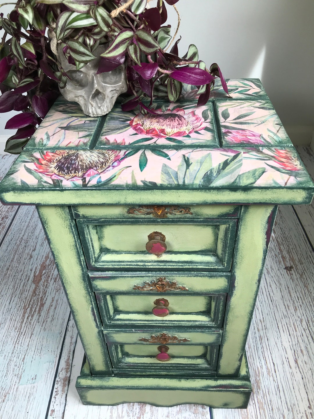 Green Pink Chest of Drawers, Floral Design, Bedside Cabinet, Made to ...