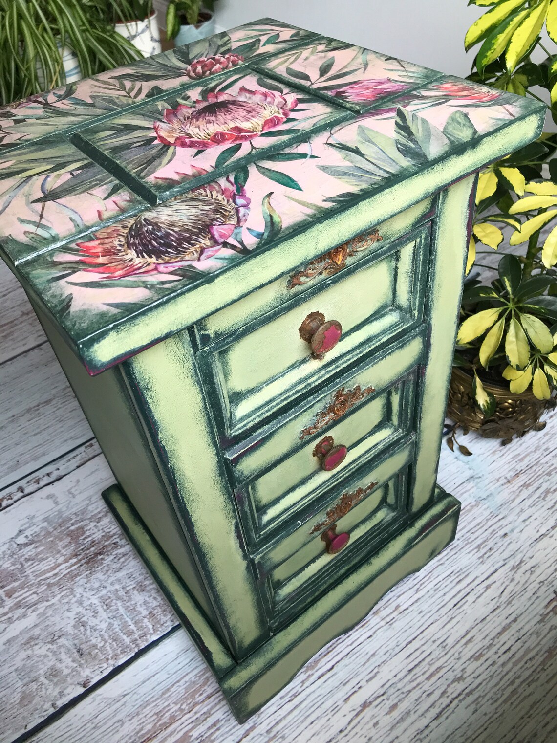 Green Pink Chest of Drawers, Floral Design, Bedside Cabinet, Made to ...